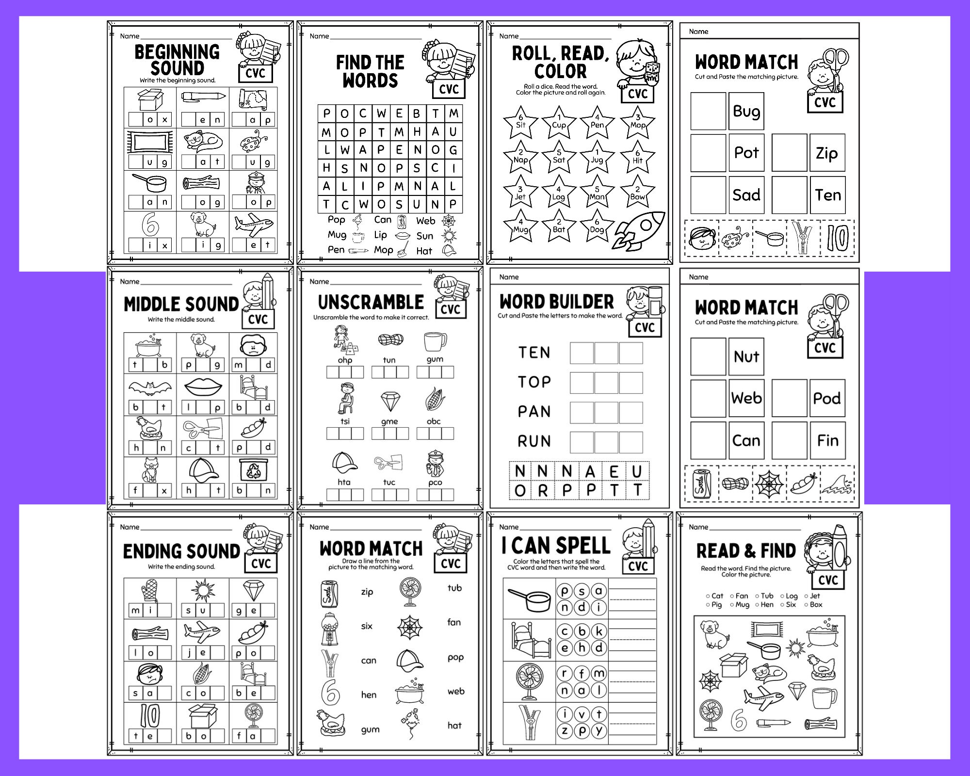Cvc Word Worksheets - Printable - Instant Download - Kindergarten ...