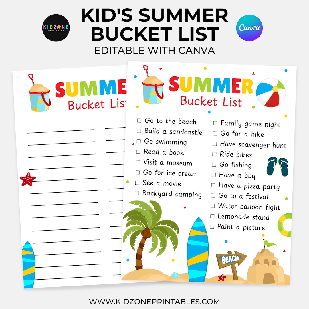 Summer Bucket List - Editable - Printable - Kid's Bucket List - Digital ...