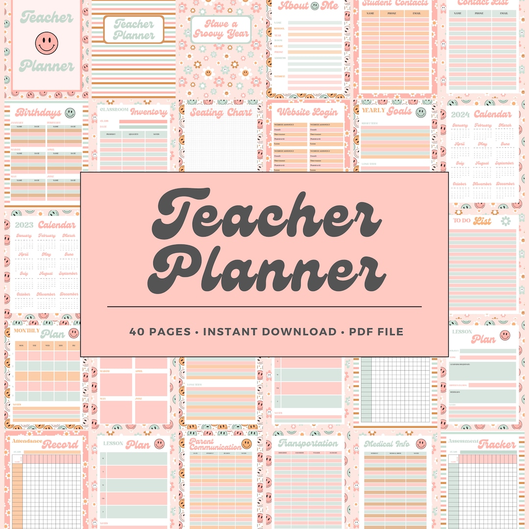 Teacher Planner - Printable - Groovy - Retro - Smile - Lesson Plan ...