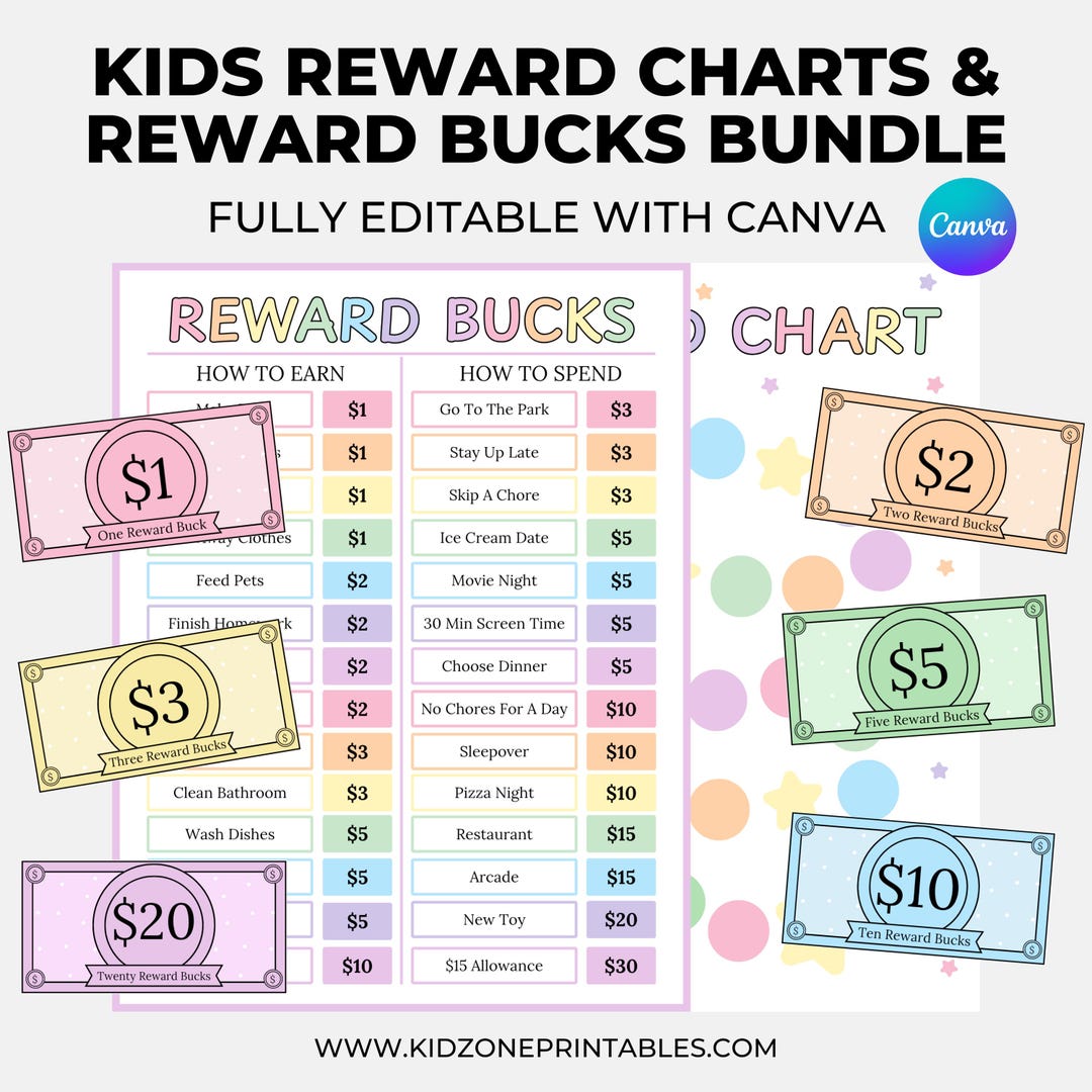 Editable Kids Reward Bucks and Chart - Printable - Reward Bucks - Chore ...