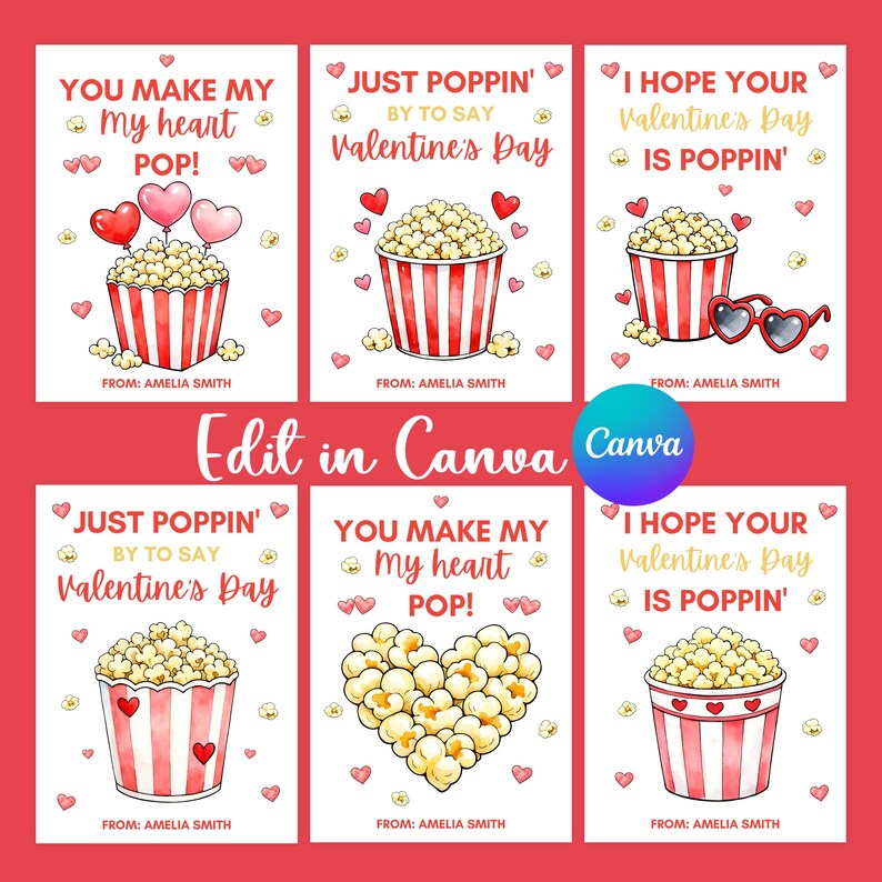 Popcorn Valentine Cards - Editable - Printable - Kid's Valentine's Day ...