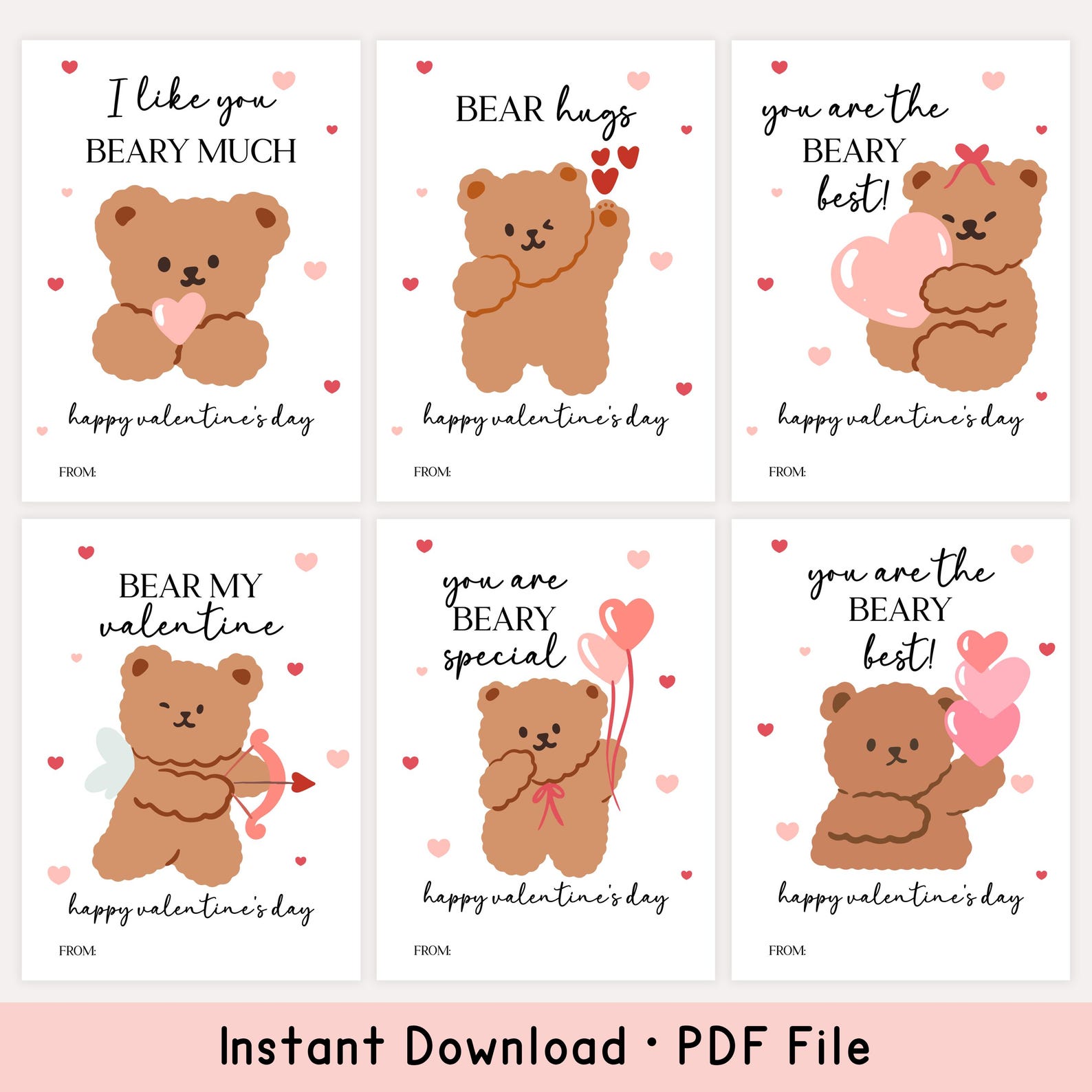 Bear Valentine Cards - Printable - Kids Valentines - School Valentine ...