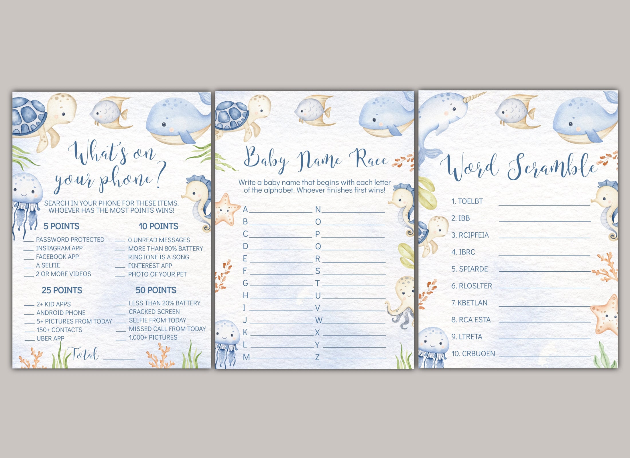 Baby Shower Games - Under the Sea - Printable - Instant Download - Etsy