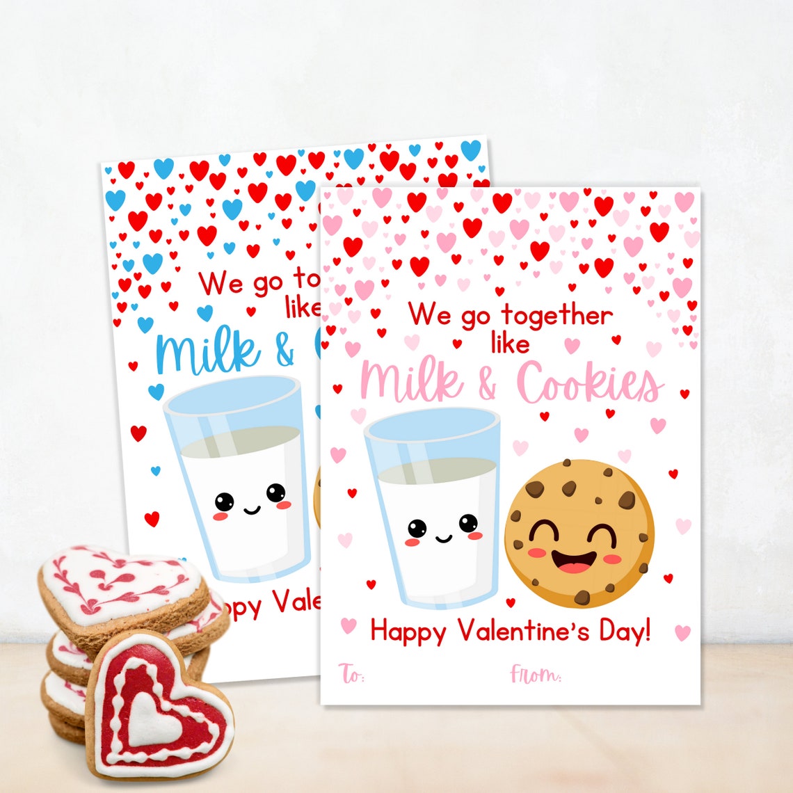 Milk and Cookies Valentine - Printable - Kids Valentine Cards - Instant ...