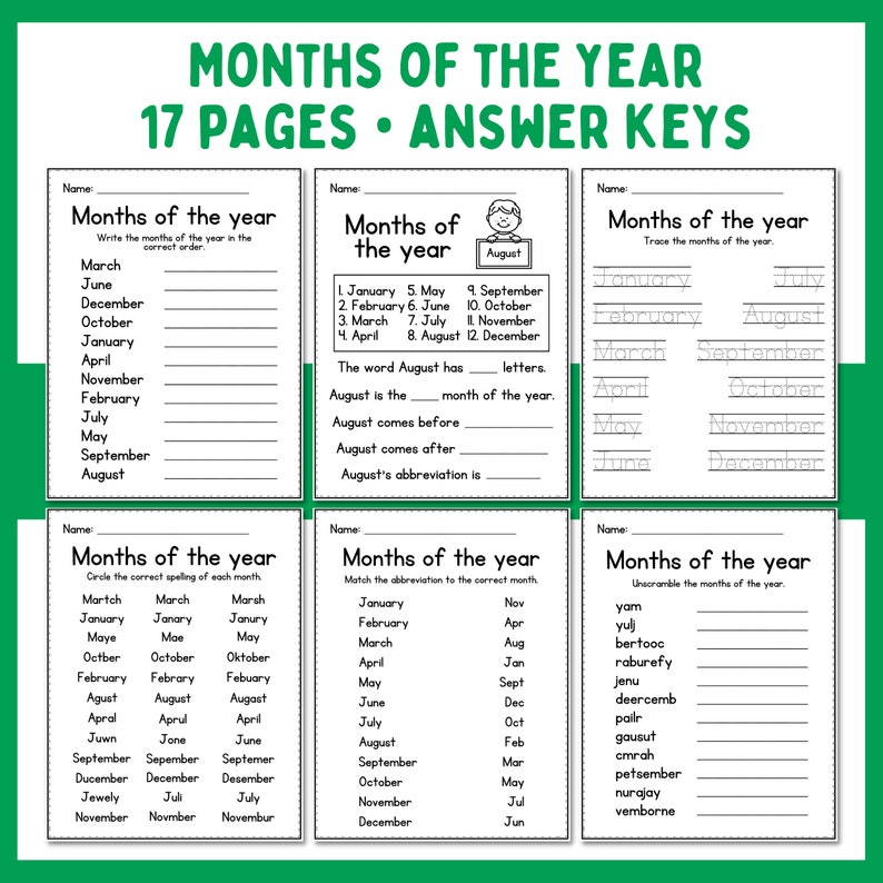 Printable Worksheets - Months - Days of the Week - Kindergarten ...