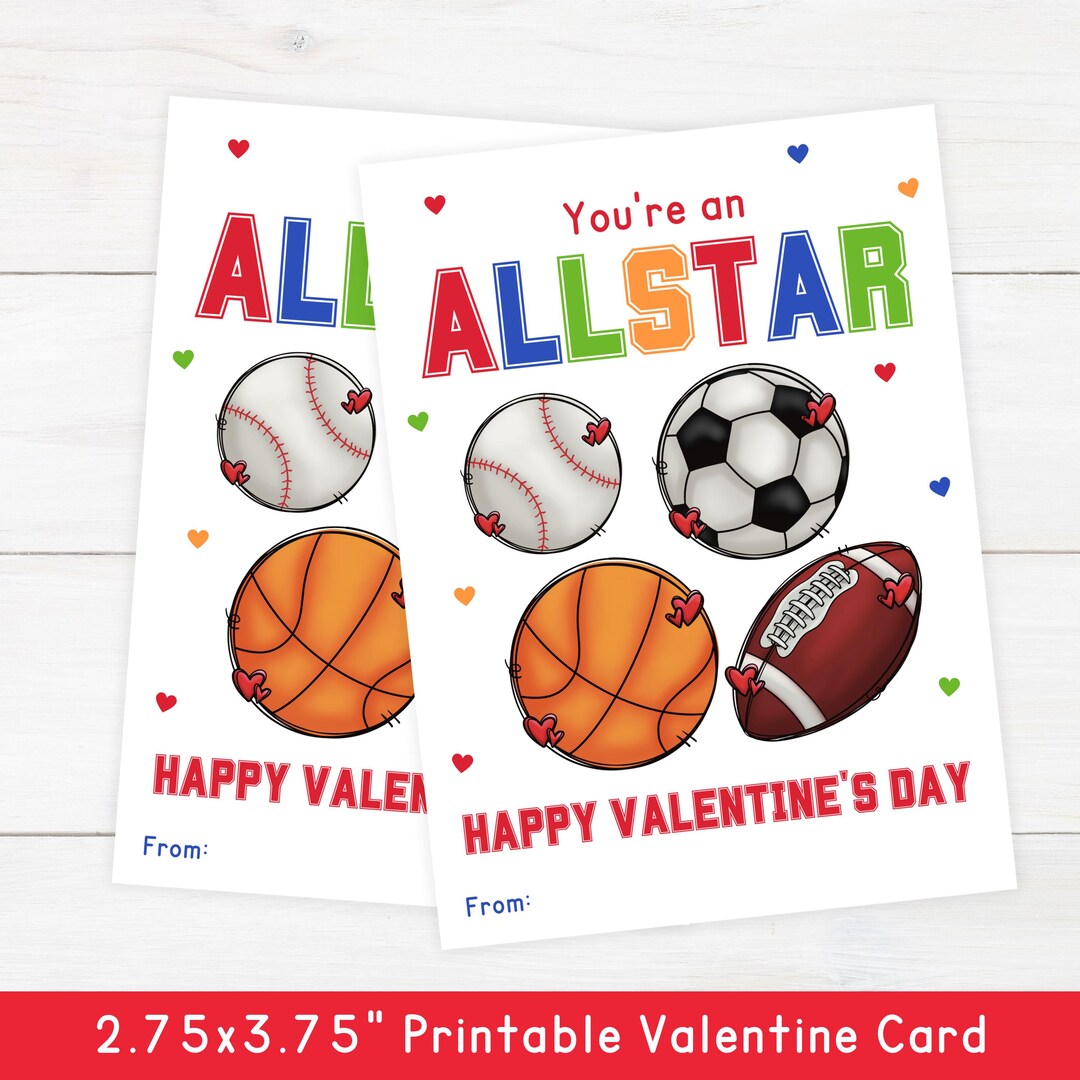 All Star Valentine Card - Printable - School Valentines - Sports ...