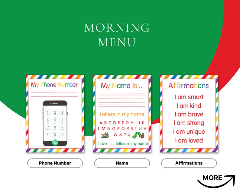 Morning Menu - Preschool - Printable - Kindergarten - Instant Download ...