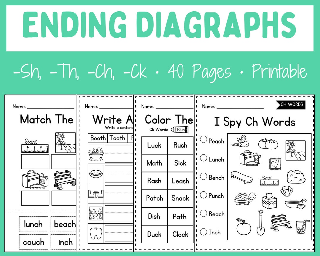 Printable Worksheets - Ending Diagraphs - First Grade - Kindergarten ...