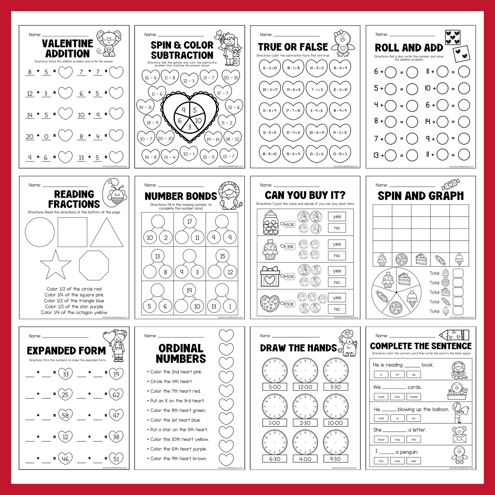 First Grade Worksheets - Valentine - Math - Literacy - Printable ...