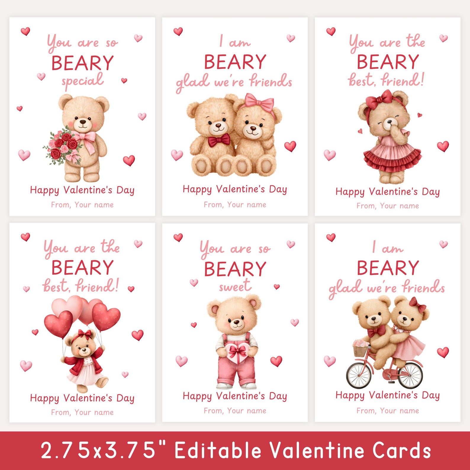 Teddy Bear Valentine Cards - Editable - Printable - Kids Valentines ...