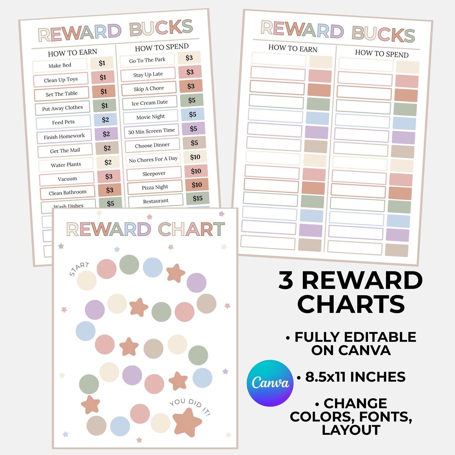 Editable Kids Reward Bucks and Chart - Printable - Reward Bucks - Chore ...