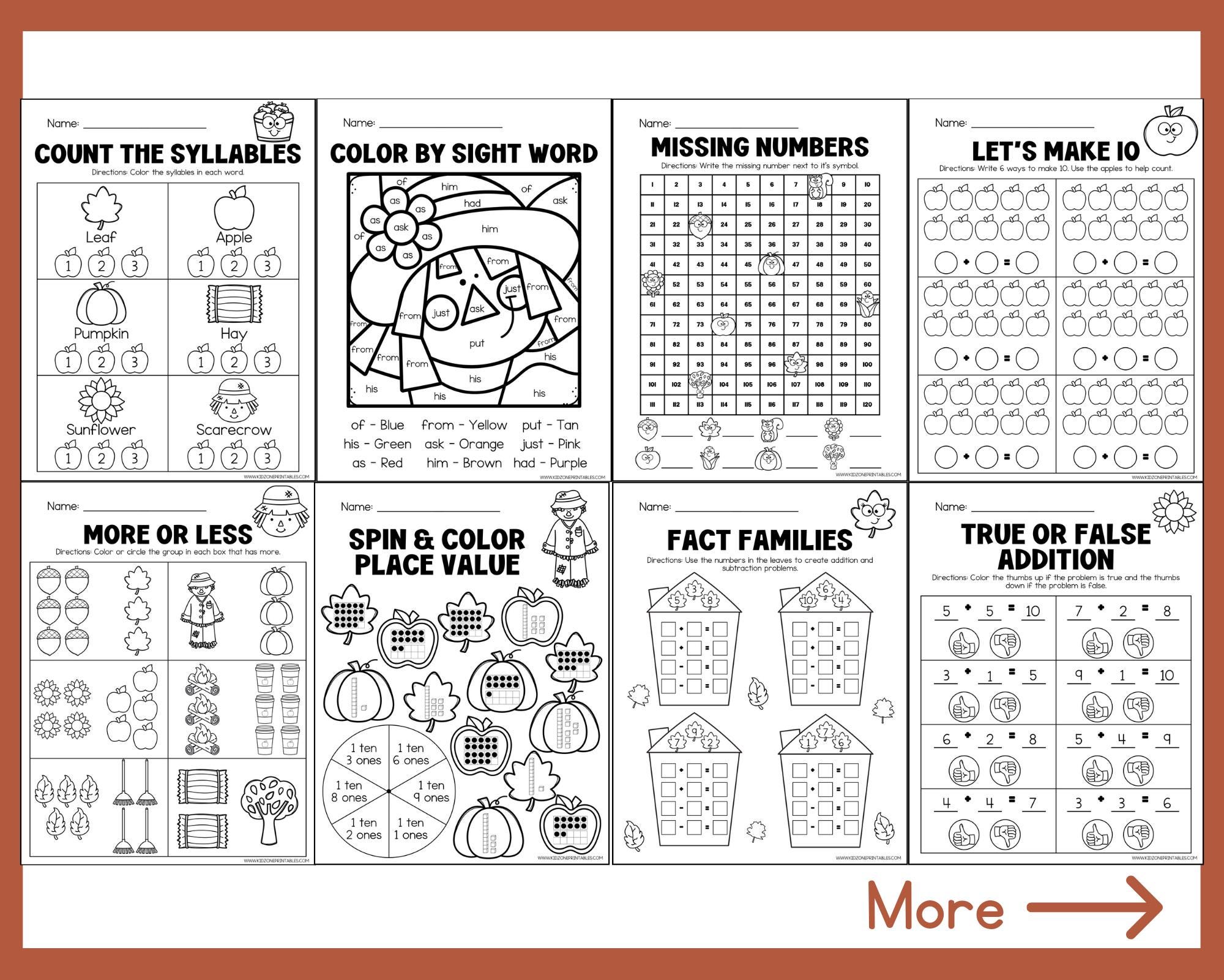 First Grade - Worksheets - Fall Theme - Printable - Homeschool ...