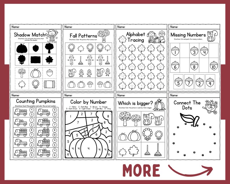 Preschool - Fall Themed - Worksheets - Printable - Homeschool - Teacher ...