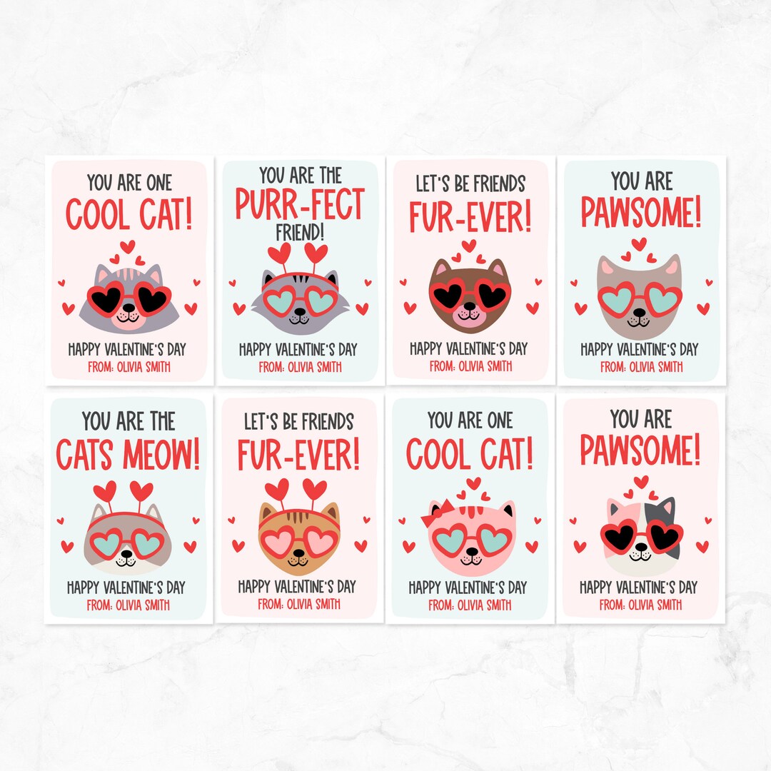 Printable Cat Valentines Editable Kitty Valentine Cards Kids Valentine ...