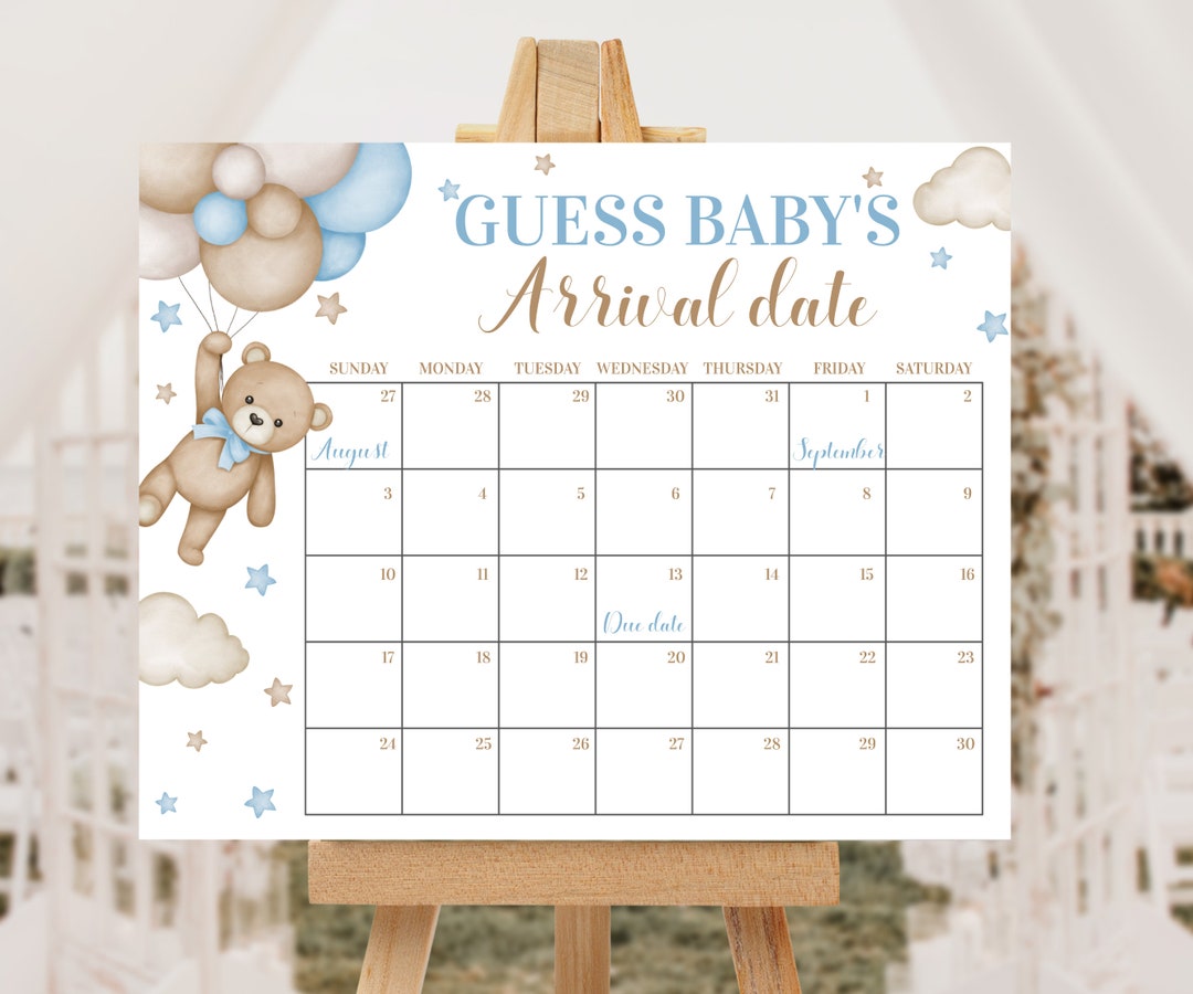 Arrival Date Calendar - Editable - Bear Baby Shower - It's a Boy ...