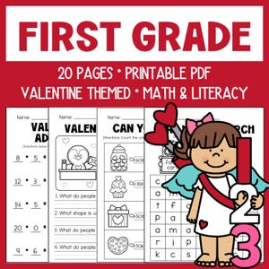 First Grade Worksheets - Valentine - Math - Literacy - Printable ...