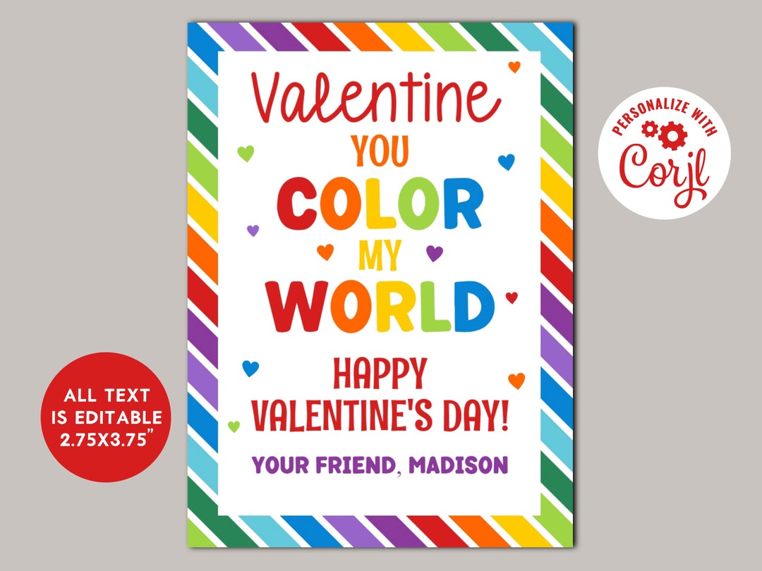 Printable Valentine Card - Color My World - Editable - Kids Valentine ...