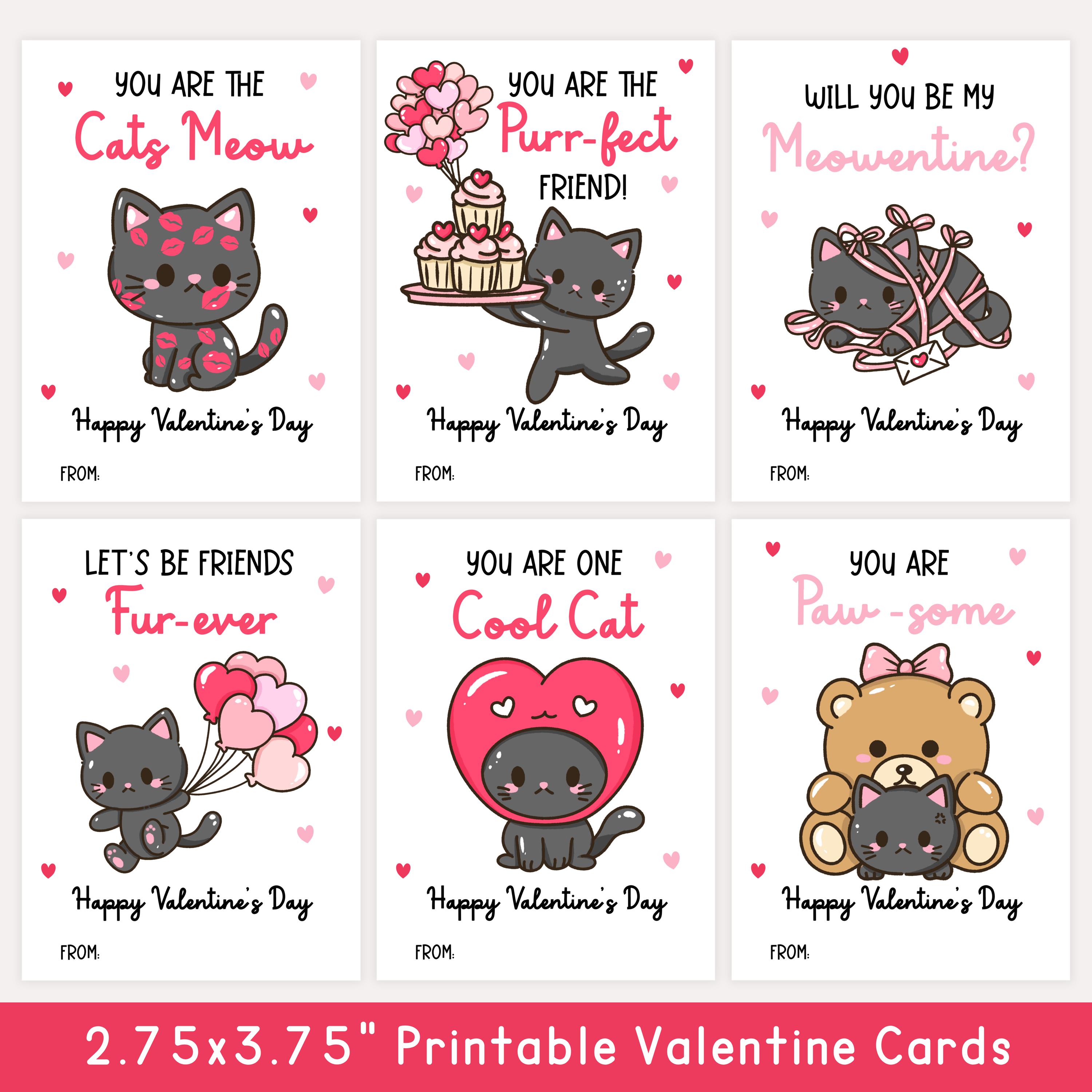 Cat Valentine Cards - Printable - Kids Valentines - School Valentine ...