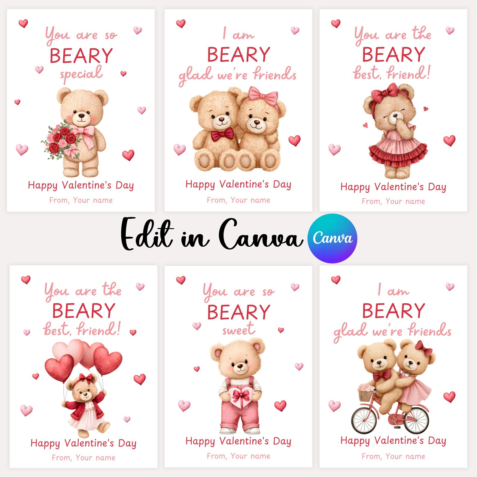 Teddy Bear Valentine Cards - Editable - Printable - Kids Valentines ...
