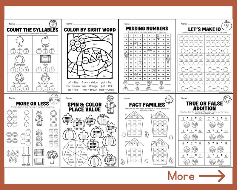 First Grade - Worksheets - Fall Theme - Printable - Homeschool ...