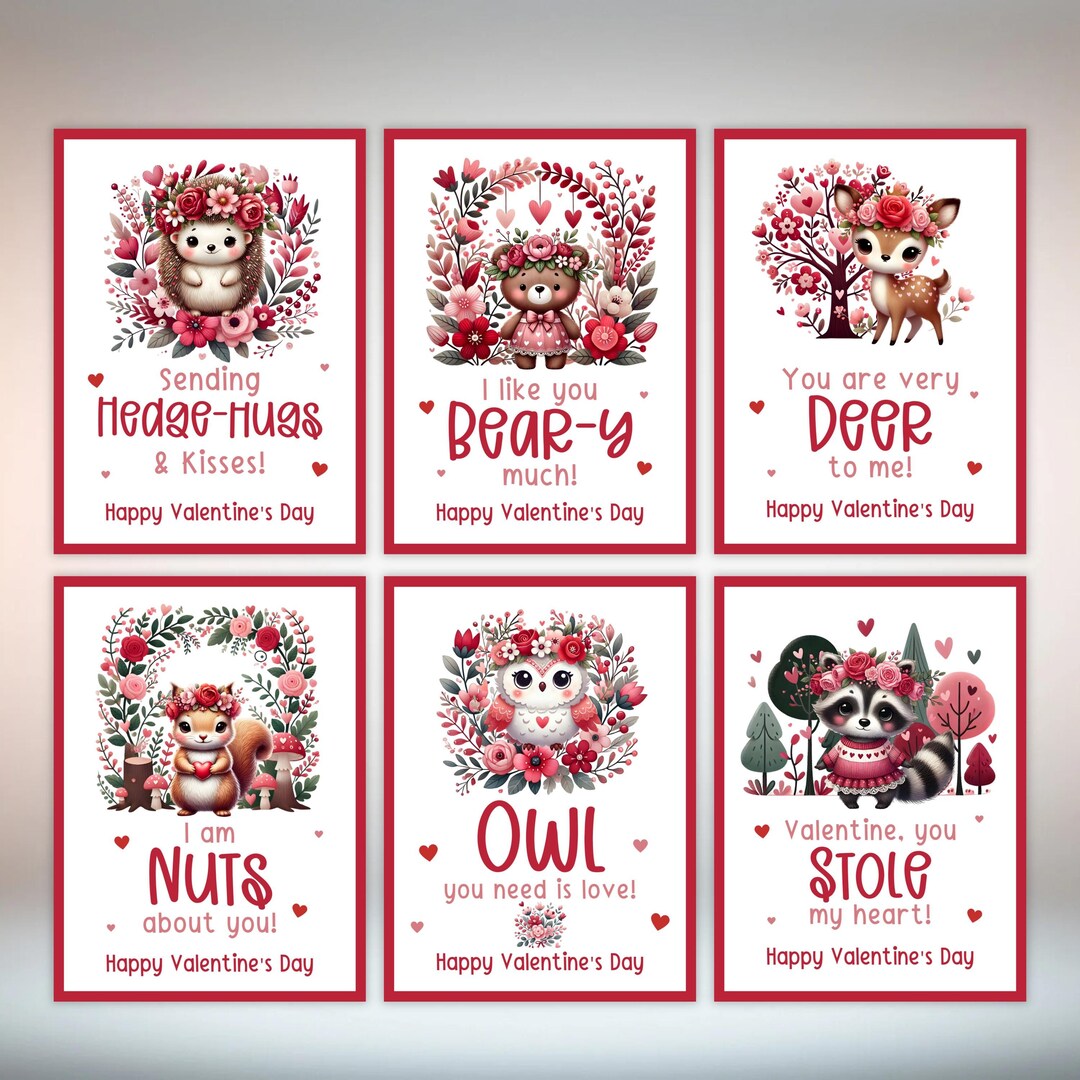 Animal Valentine Cards - Printable - School Valentine - Cute Valentine ...