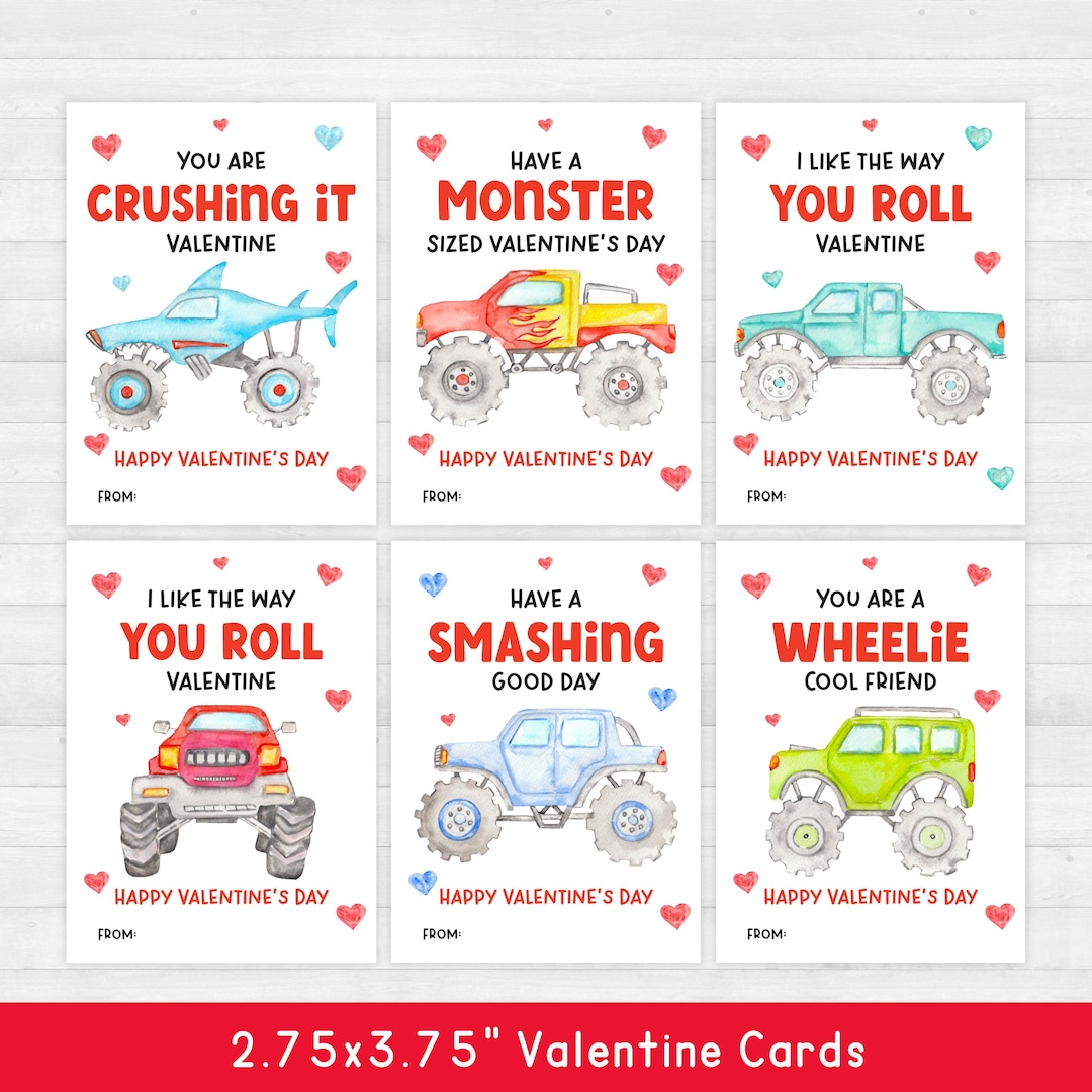 Monster Truck Valentine Cards - Printable Valentines - School - Class ...