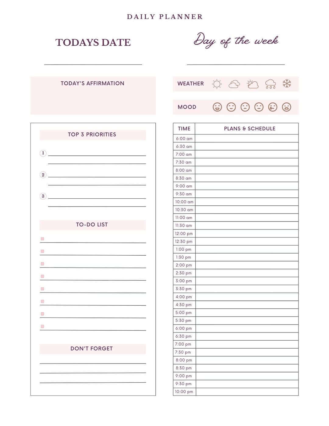 Printable Minimalist Daily Planner, Time Management Planner ...