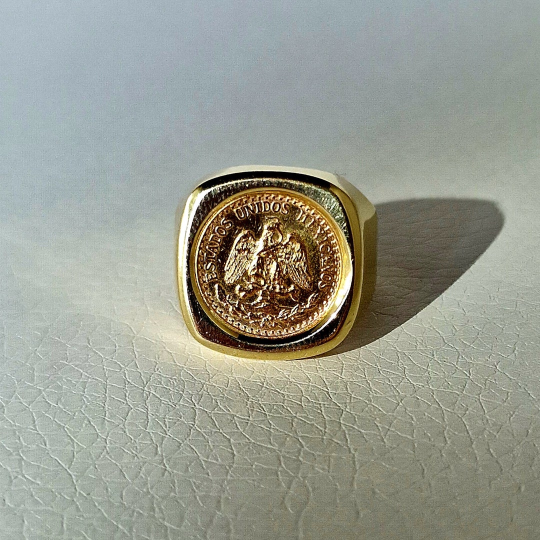 Dos Pesos Gold Coin Pebble Ring 18k Yellow Gold Gift for Him, Her ...