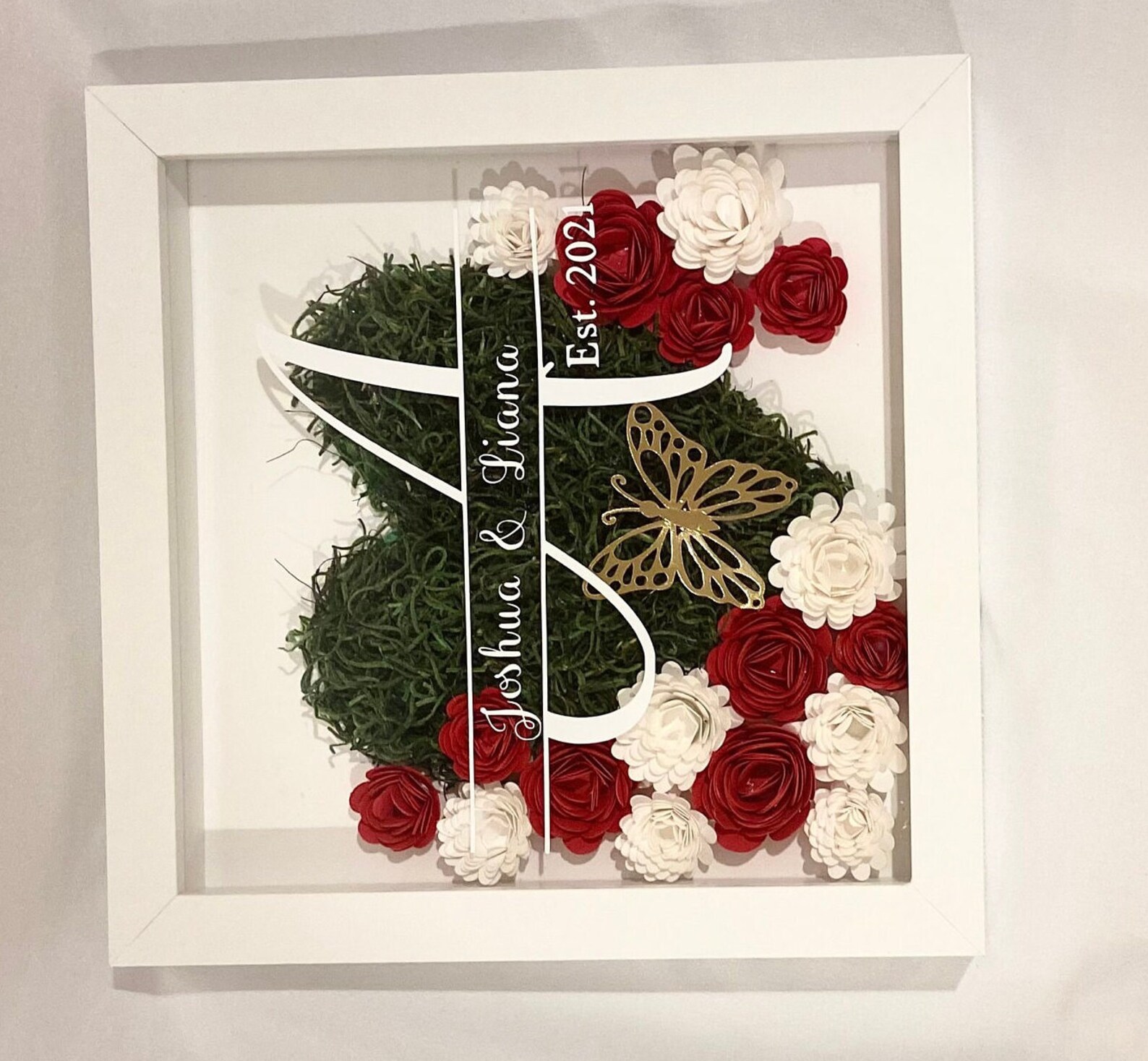 Personalized Wedding Shadowbox: Split Monogram, Moss Heart & Names - Etsy