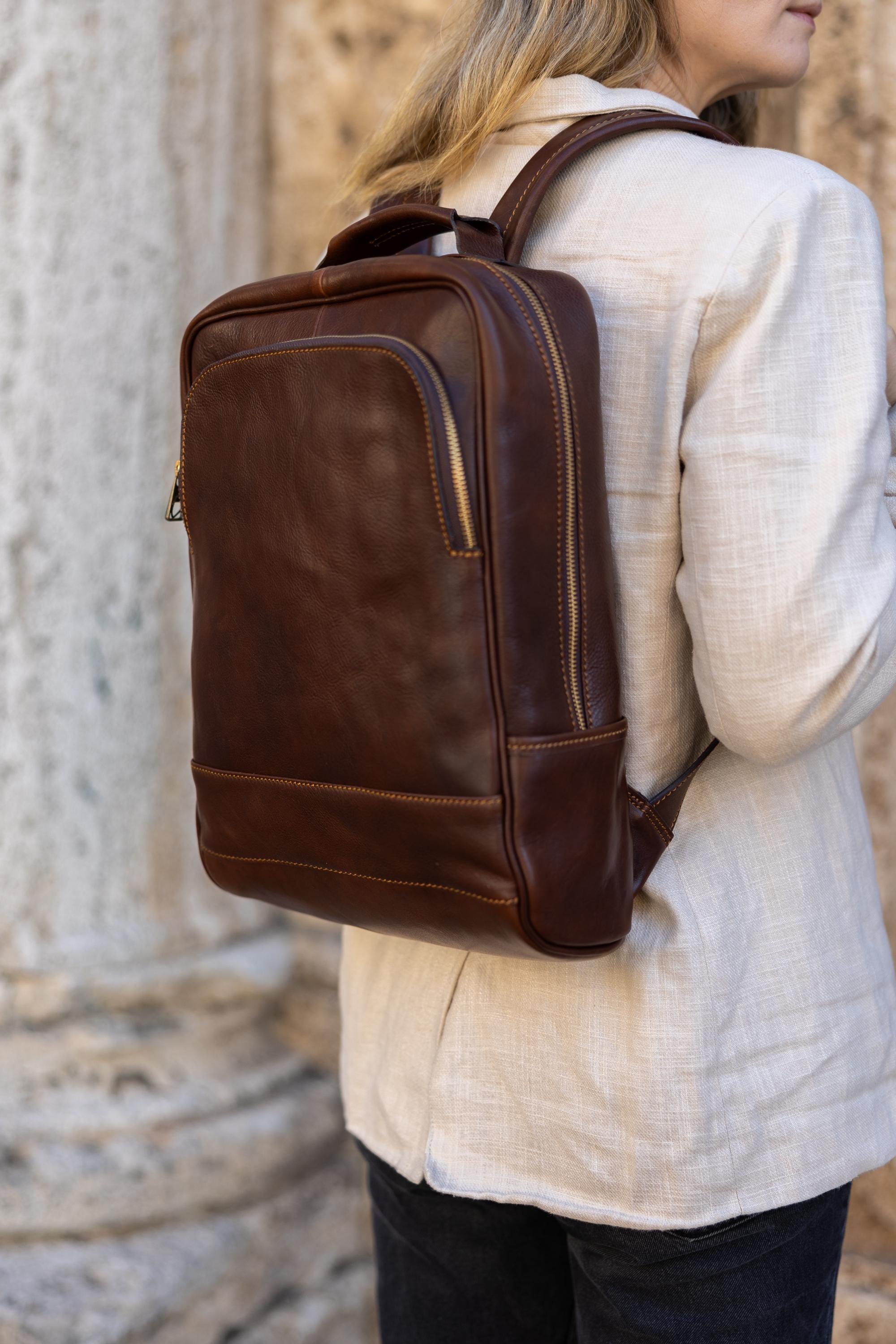 Elegant Full-grain Italian Leather Laptop Backpack for Work and Travel ...