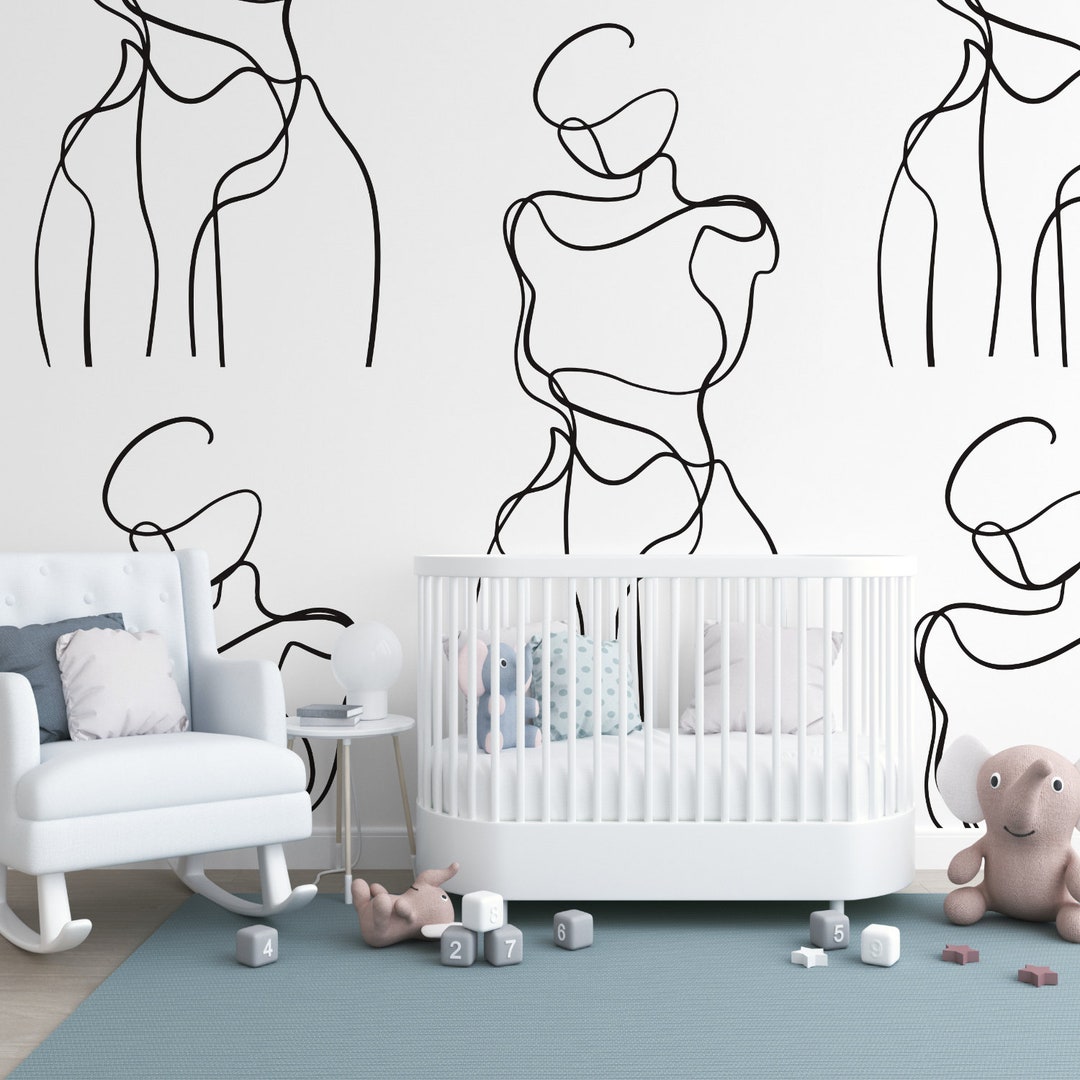 Line Drawing Peel and Stick Wallpaper: Woman & Flowers, Minimalist Art ...