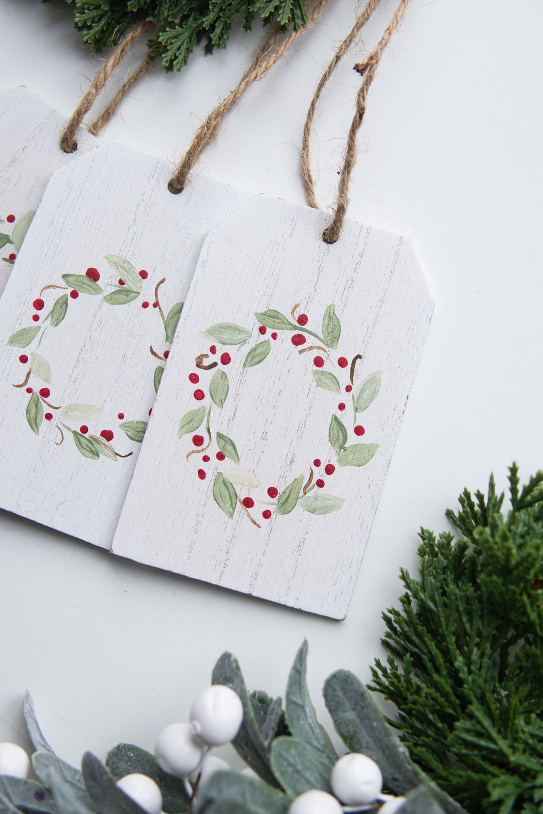 Christmas Wreath Gift Tags Ornaments, Merry Christmas, Boho Christmas ...