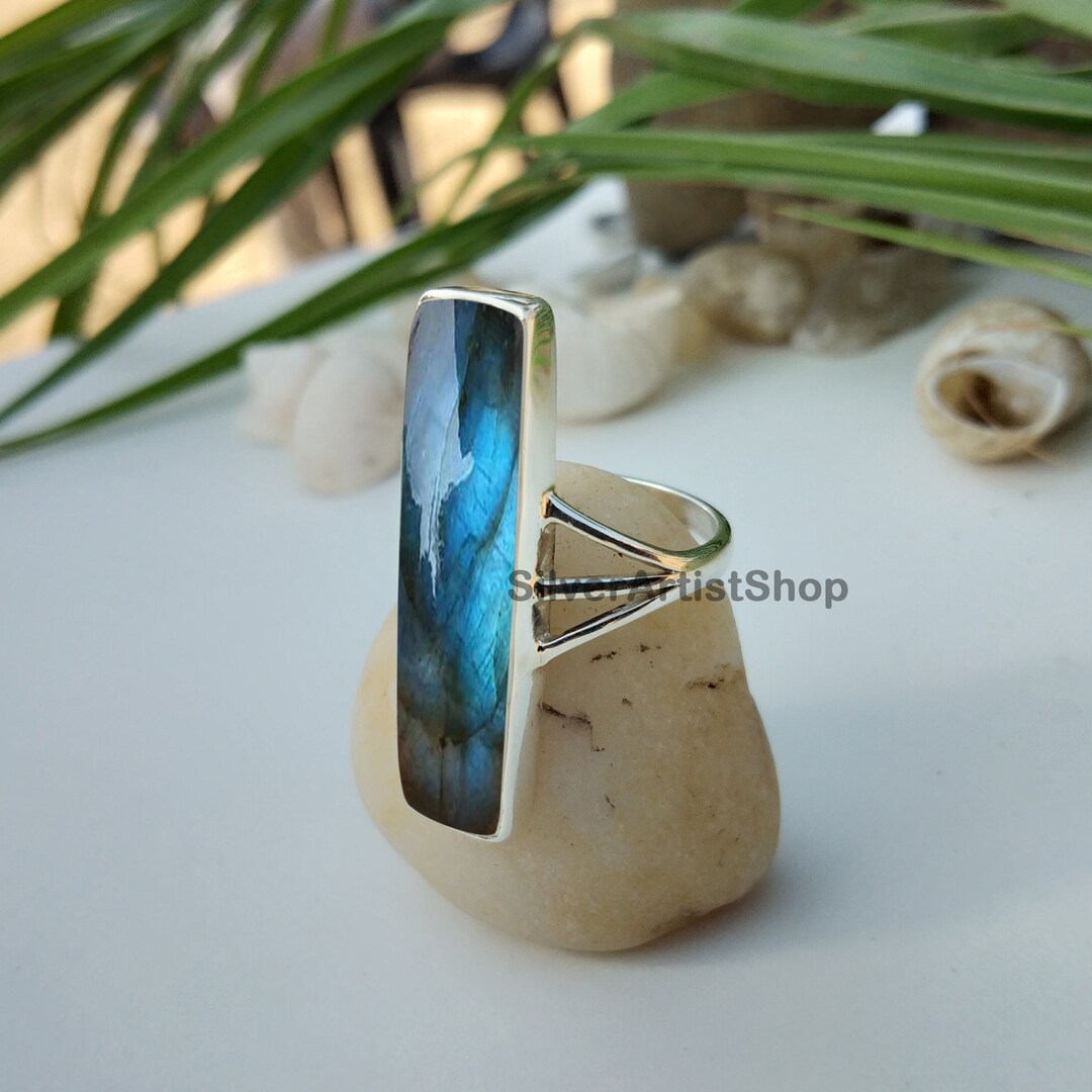 Rainbow Labradorite Ring Rectangular Natural Stone Boho Ring - Etsy