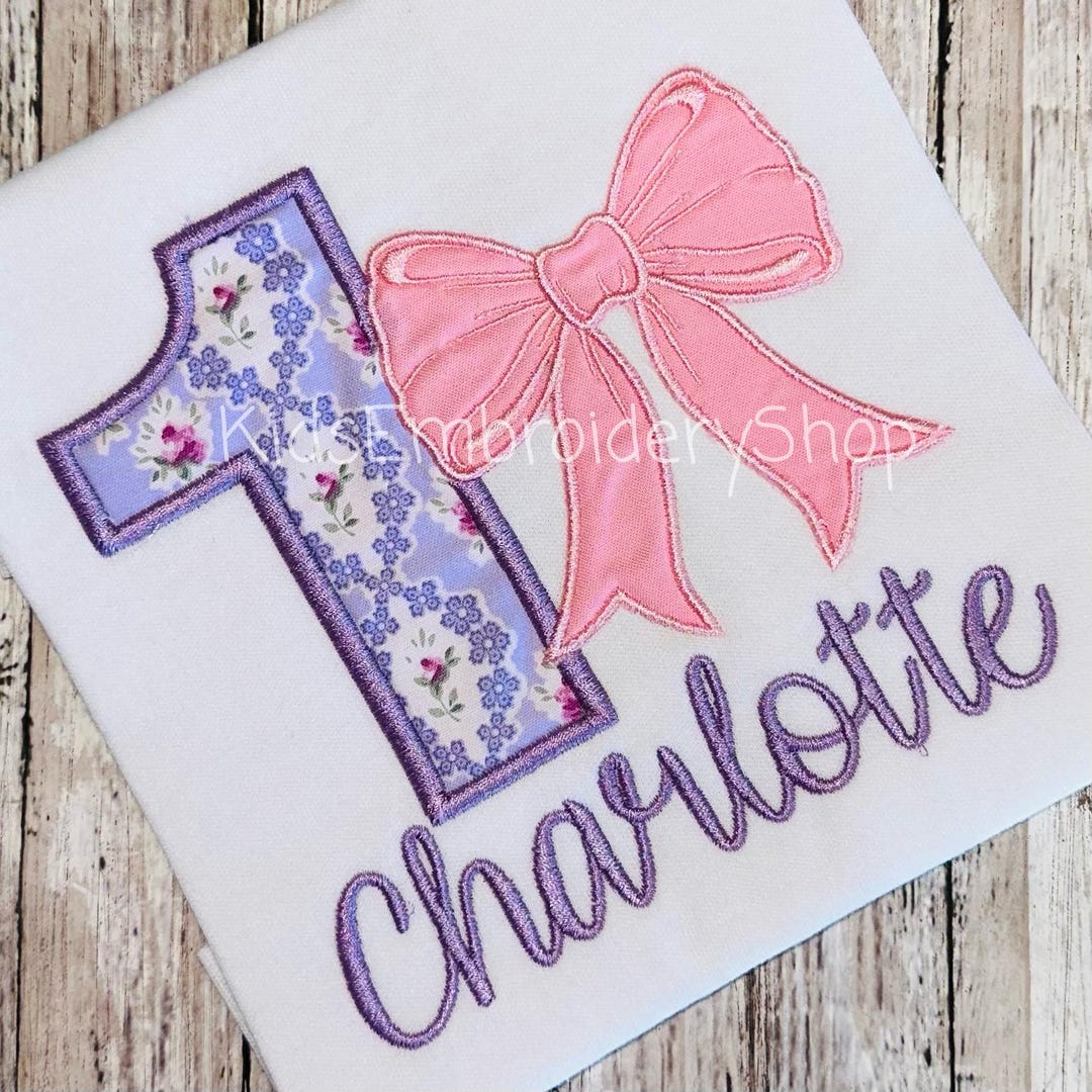 Bow Birthday Shirt, Girls Pink Purple Bow Princess Birthday Embroidery ...