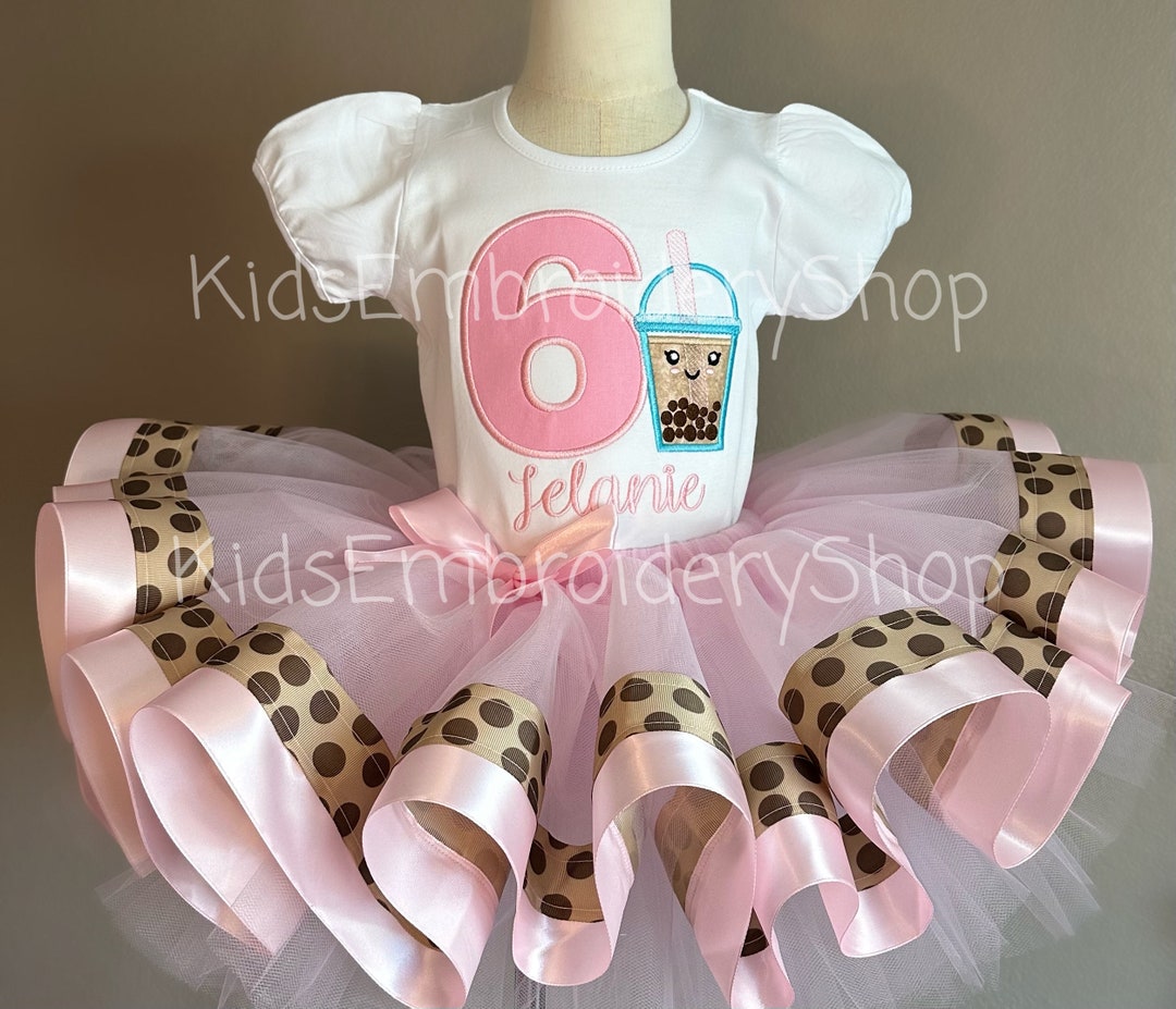 Girls Boba Tutu Birthday Outfit, Milk Tea Boba Drink Bday Top, Pastel ...