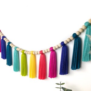 Bright Rainbow | Wood Bead Tassel Garland | Yarn Wall Hanging | Tassel ...