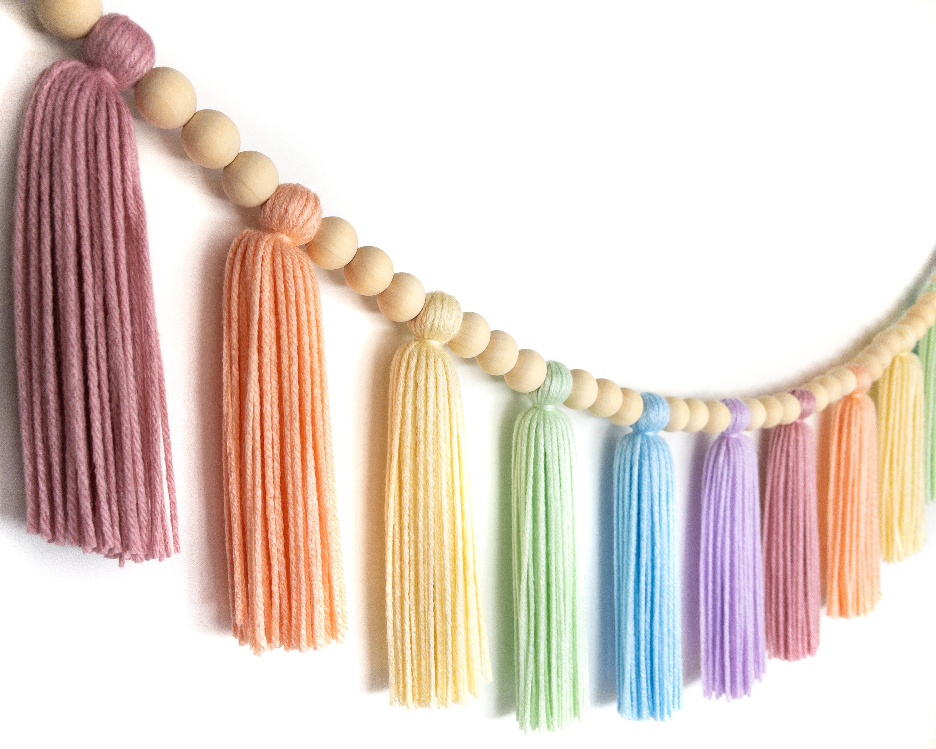 Rainbow | Wood Bead Tassel Garland | Yarn Wall Hanging | Tassel Wall ...