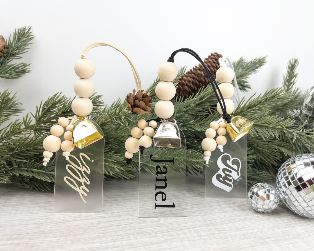 Personalized Acrylic Wood Bead Christmas Stocking Tags | Cow Bell ...