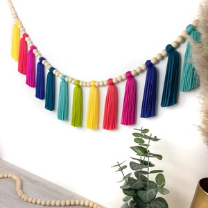 Bright Rainbow | Wood Bead Tassel Garland | Yarn Wall Hanging | Tassel ...