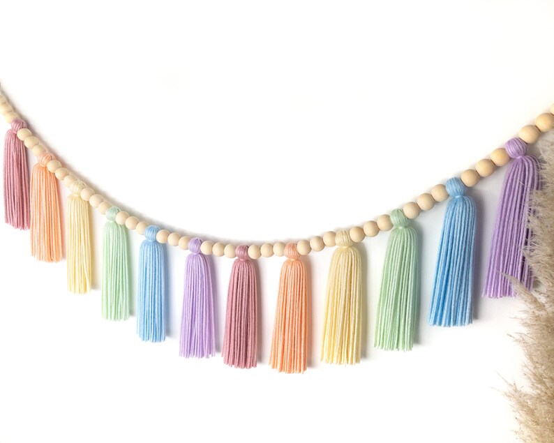 Rainbow | Wood Bead Tassel Garland | Yarn Wall Hanging | Tassel Wall ...