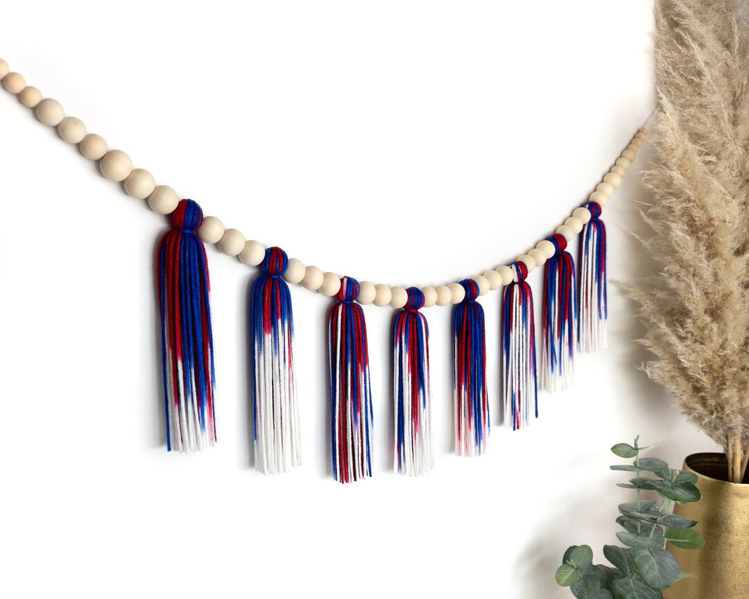 4th of July Wood Bead Tassel Garland | Firework | Red White and Blue ...