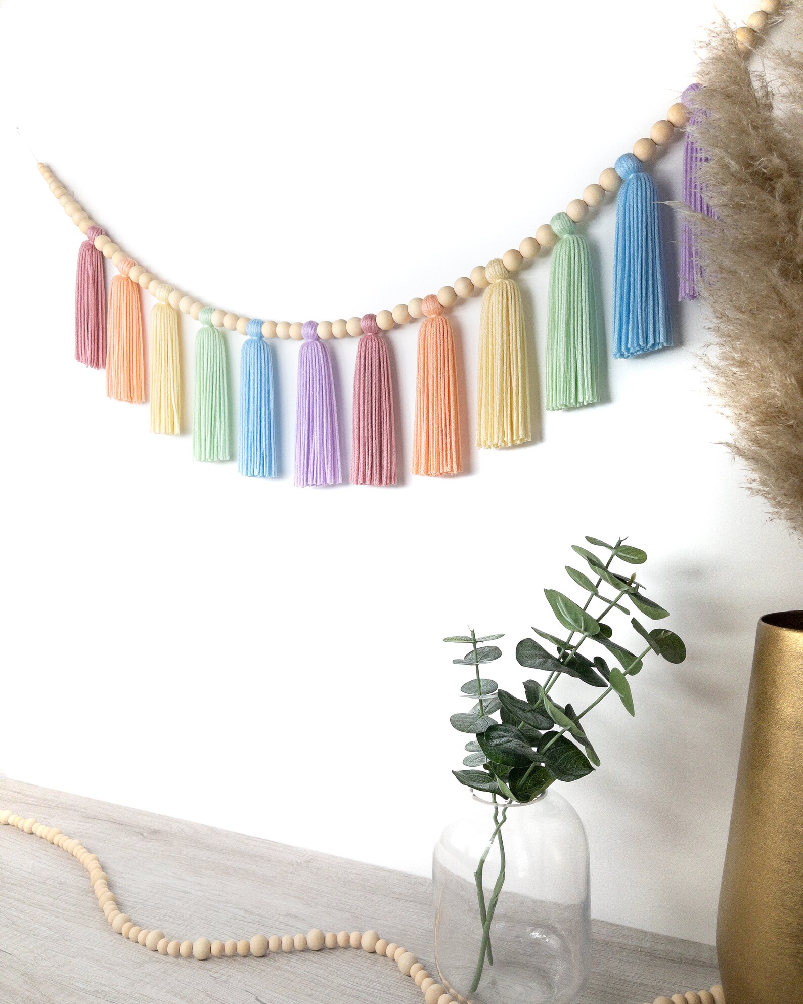 Rainbow | Wood Bead Tassel Garland | Yarn Wall Hanging | Tassel Wall ...