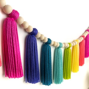 Bright Rainbow | Wood Bead Tassel Garland | Yarn Wall Hanging | Tassel ...