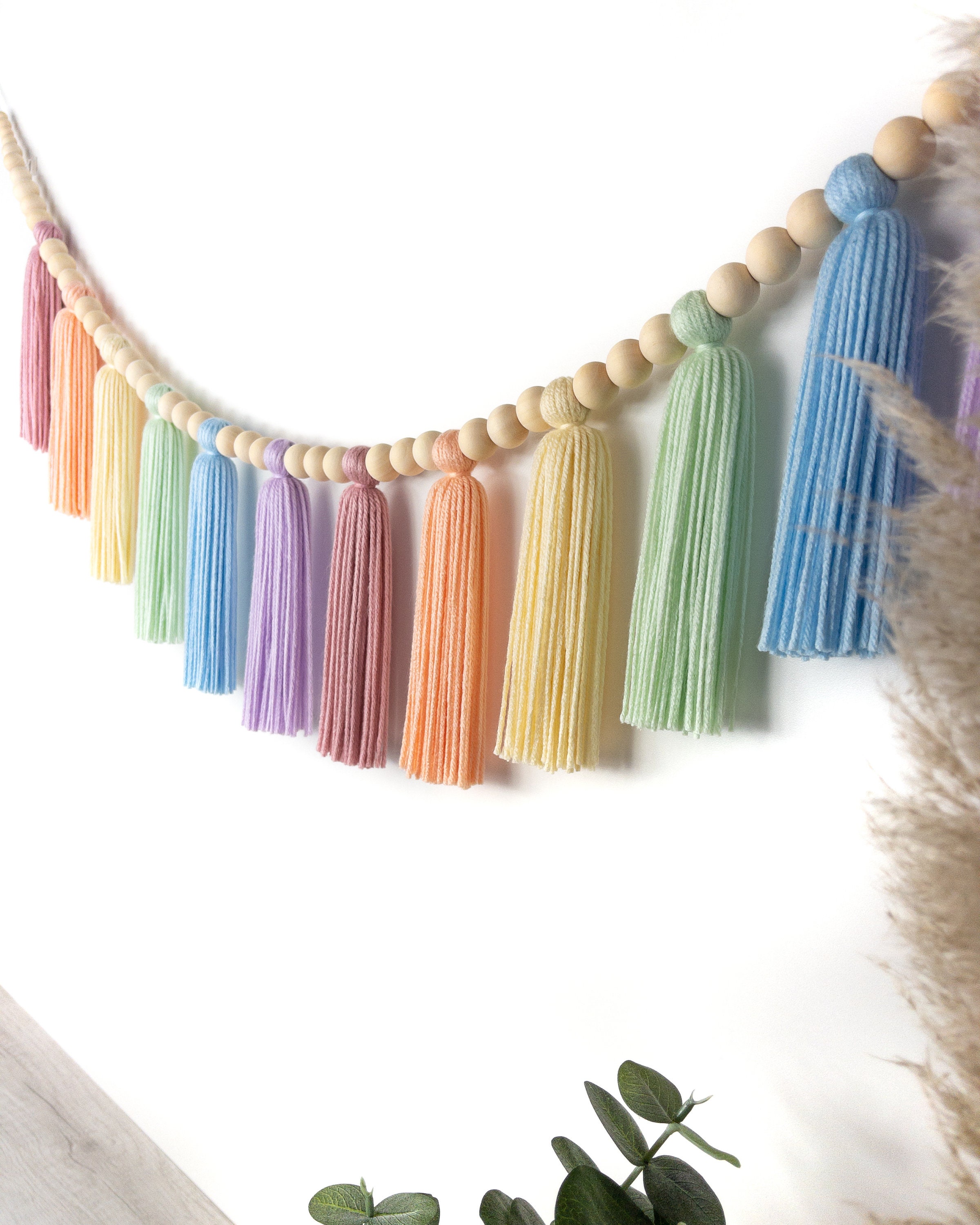 Rainbow | Wood Bead Tassel Garland | Yarn Wall Hanging | Tassel Wall ...