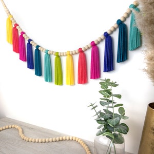 Bright Rainbow | Wood Bead Tassel Garland | Yarn Wall Hanging | Tassel ...