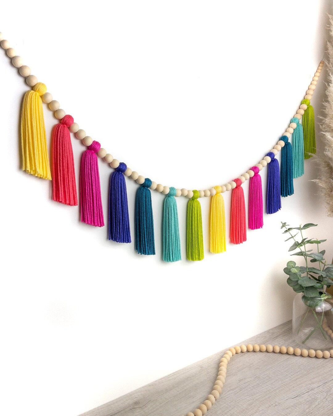 Bright Rainbow | Wood Bead Tassel Garland | Yarn Wall Hanging | Tassel ...