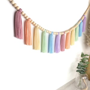 Rainbow | Wood Bead Tassel Garland | Yarn Wall Hanging | Tassel Wall ...