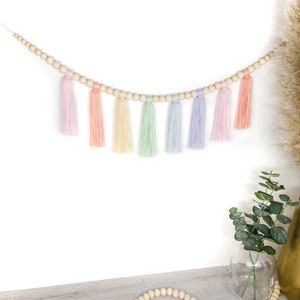 Pastel Rainbow | Wood Bead Tassel Garland | Yarn Wall Hanging | Tassel ...