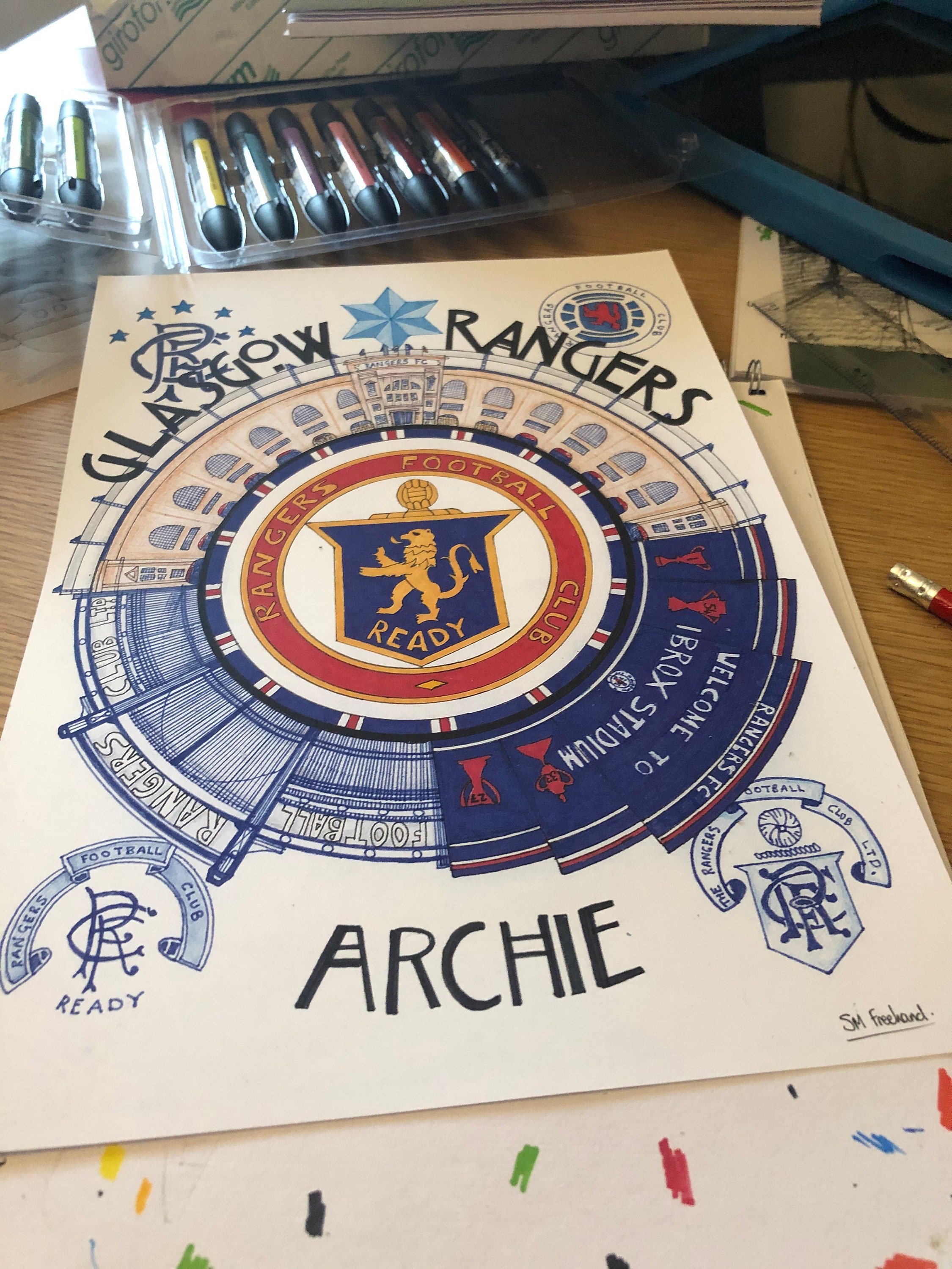Hand Drawing Glasgow Rangers Football Club Personalised | Etsy
