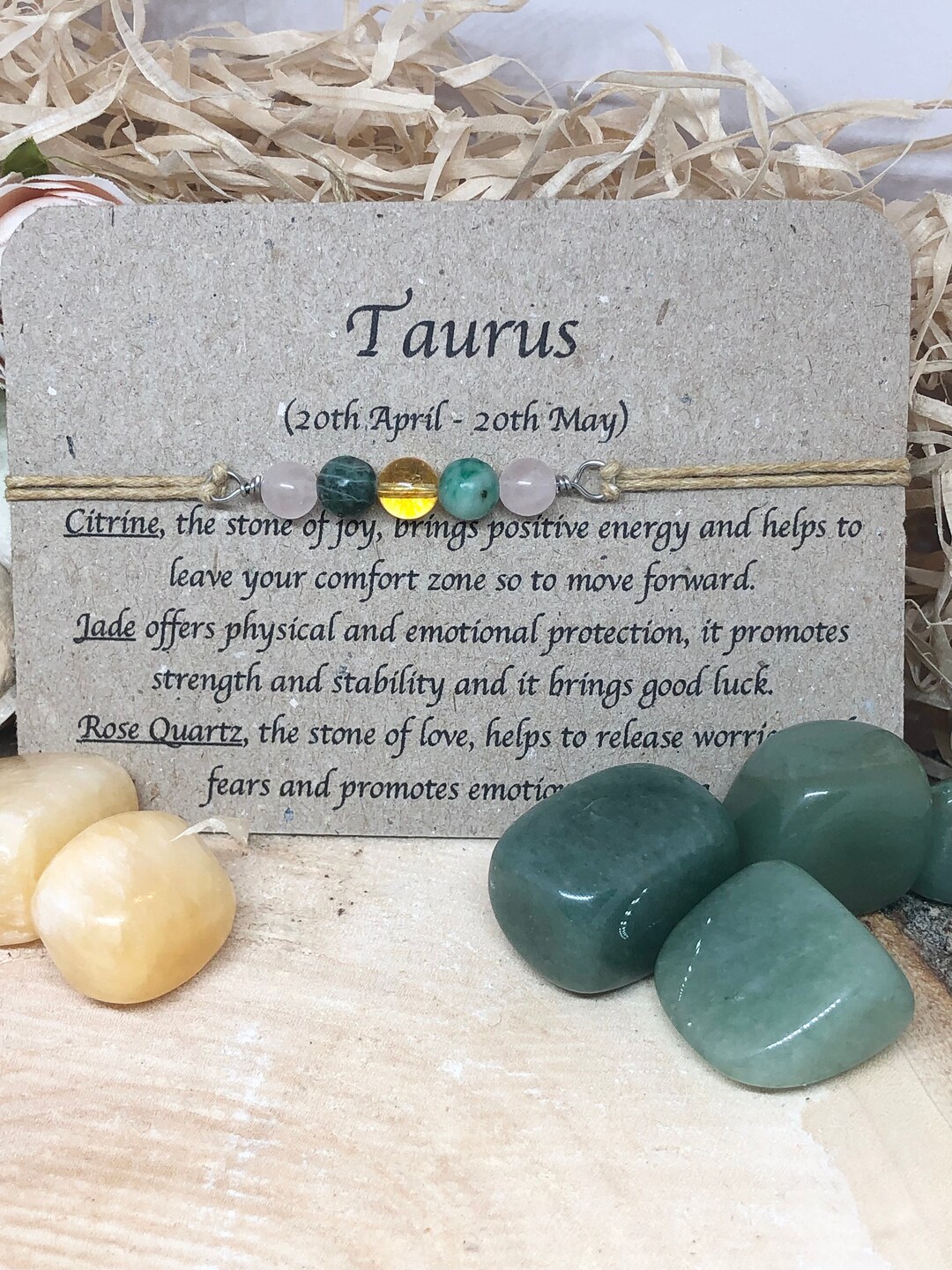 Taurus Zodiac Crystal Bracelet, Citrine Jade Rose Quartz, Handmade ...